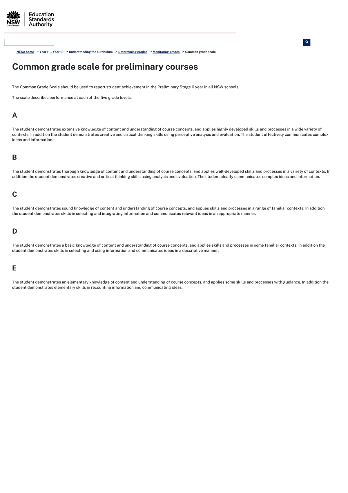NESA Year 11 & 12 Common Grade Scale for Preliminary Courses - Studocu