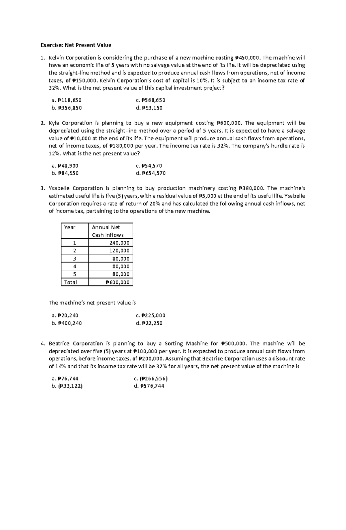 Net Present Value (NPV) Quiz - Practice Questions and Analysis - Studocu