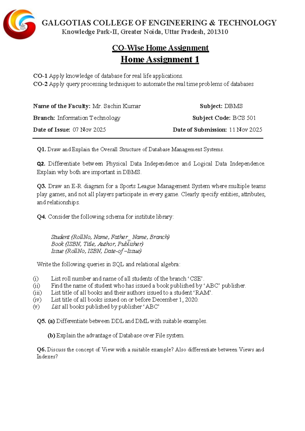 BCS 501: DBMS Home Assignment 1 - Real Life Applications & Queries ...