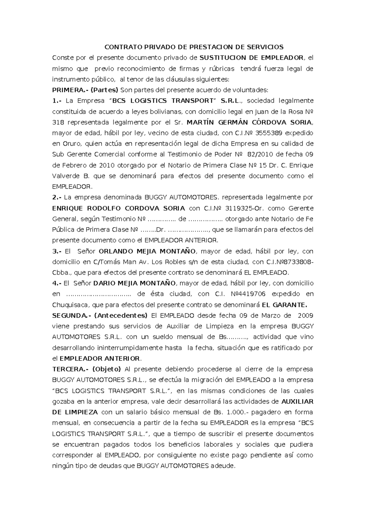Contrato Privado de Prestación de Servicios - LOGISTICS S.R.L. - Studocu