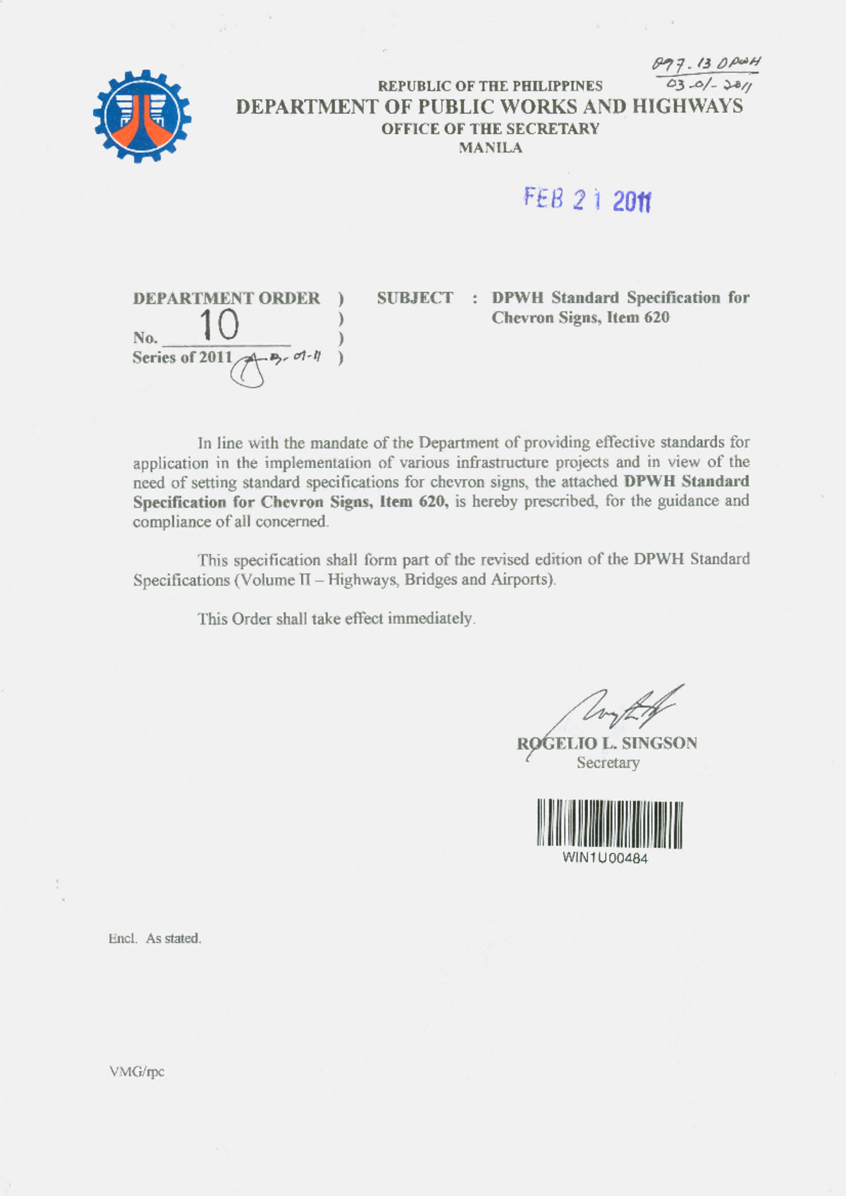 DO 010 S2011 DPWH Spec for Chevron Signs (Item 620) Guidelines - Studocu