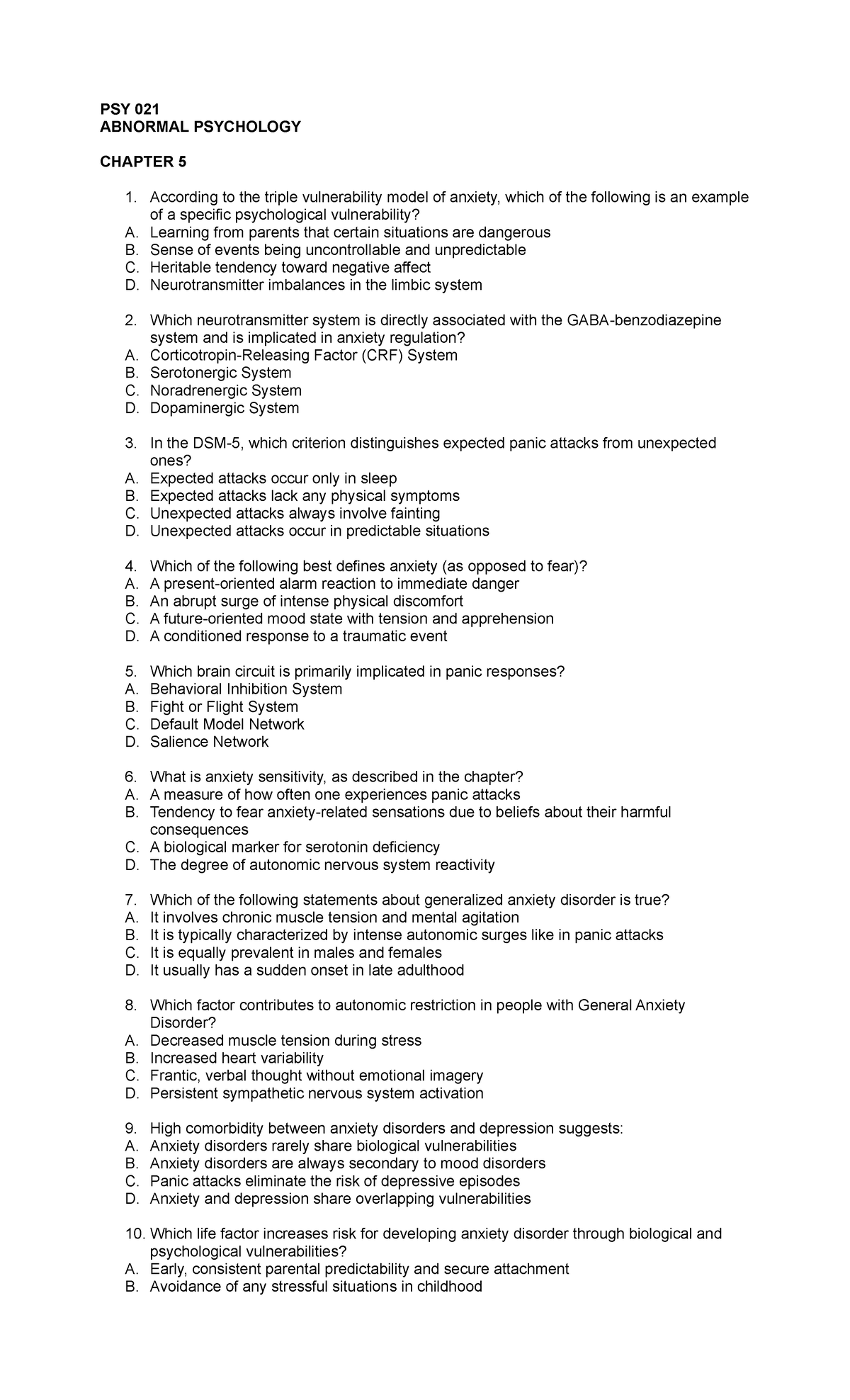 P2 PSY 021 ABNORMAL PSYCHOLOGY CHAPTER 5 & 7 STUDY NOTES - Studocu