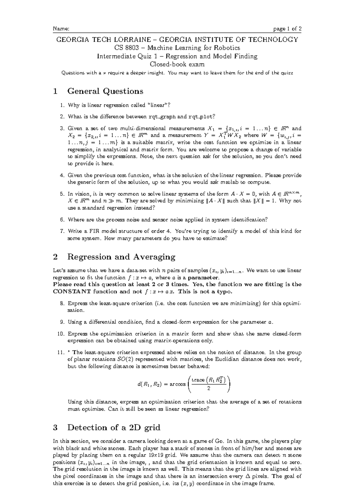 CS 8803 - Intermediate Quiz 1: Regression & Model Finding Questions ...