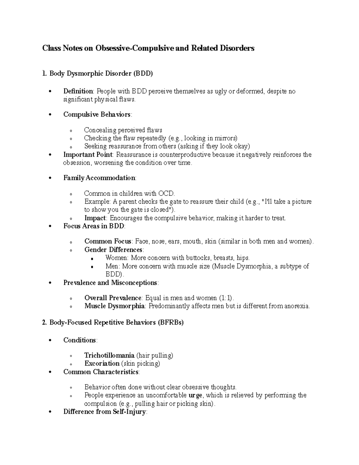 Class Notes on Obsessive-Compulsive Disorder (OCD) and Related ...