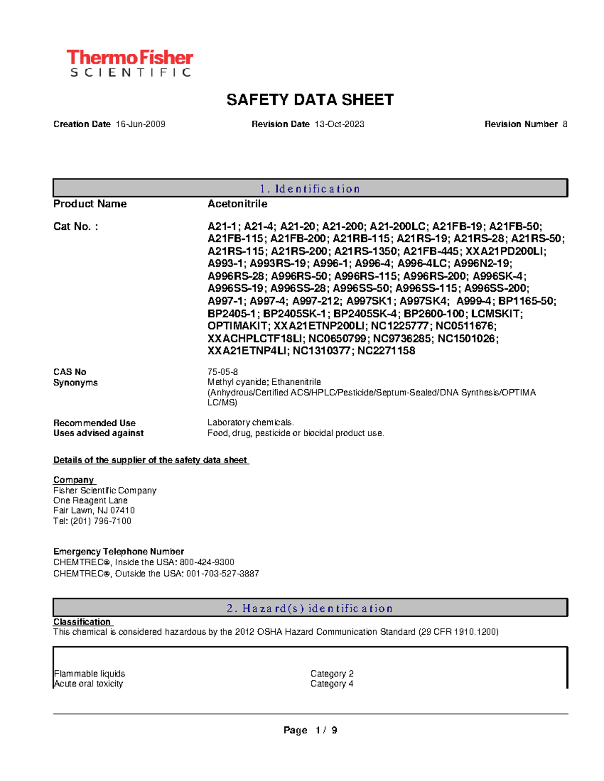 SAFETY DATA SHEET: Acetonitrile (Optima Grade) - Revision 8 - Studocu