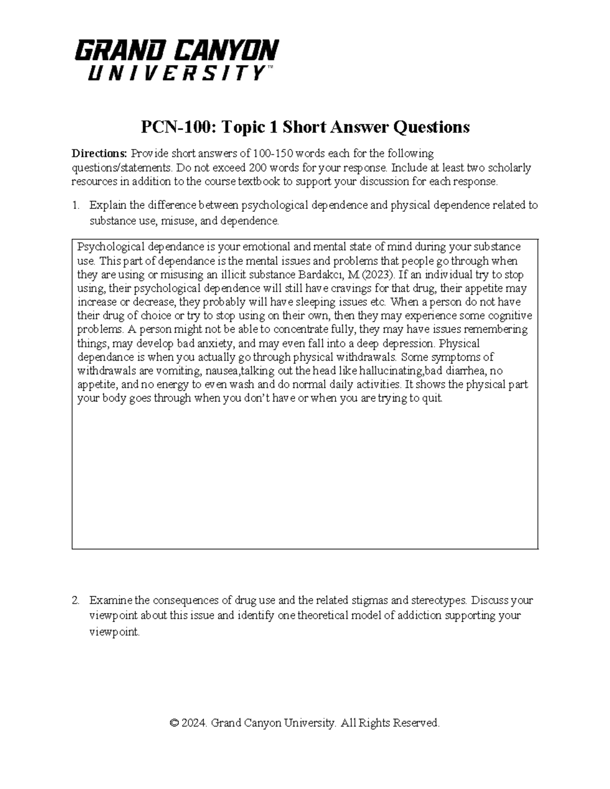 PCN 100 RS T1 - Short Answer Questions on Substance Dependence - Studocu
