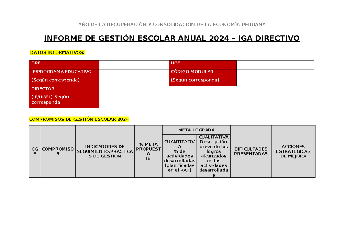 Informe de Gestión Escolar Anual 2024 - Primaria Directivo - Studocu