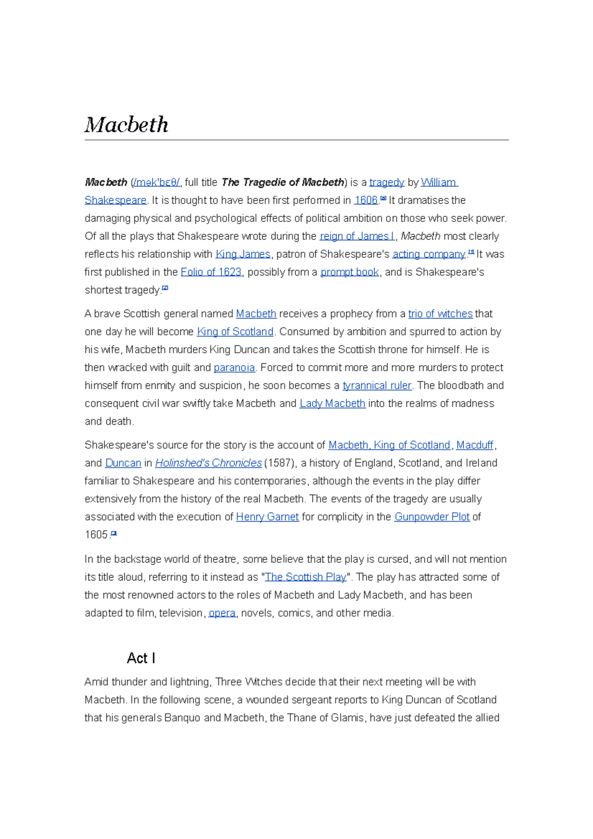 Macbeth Summary and Analysis - Studocu