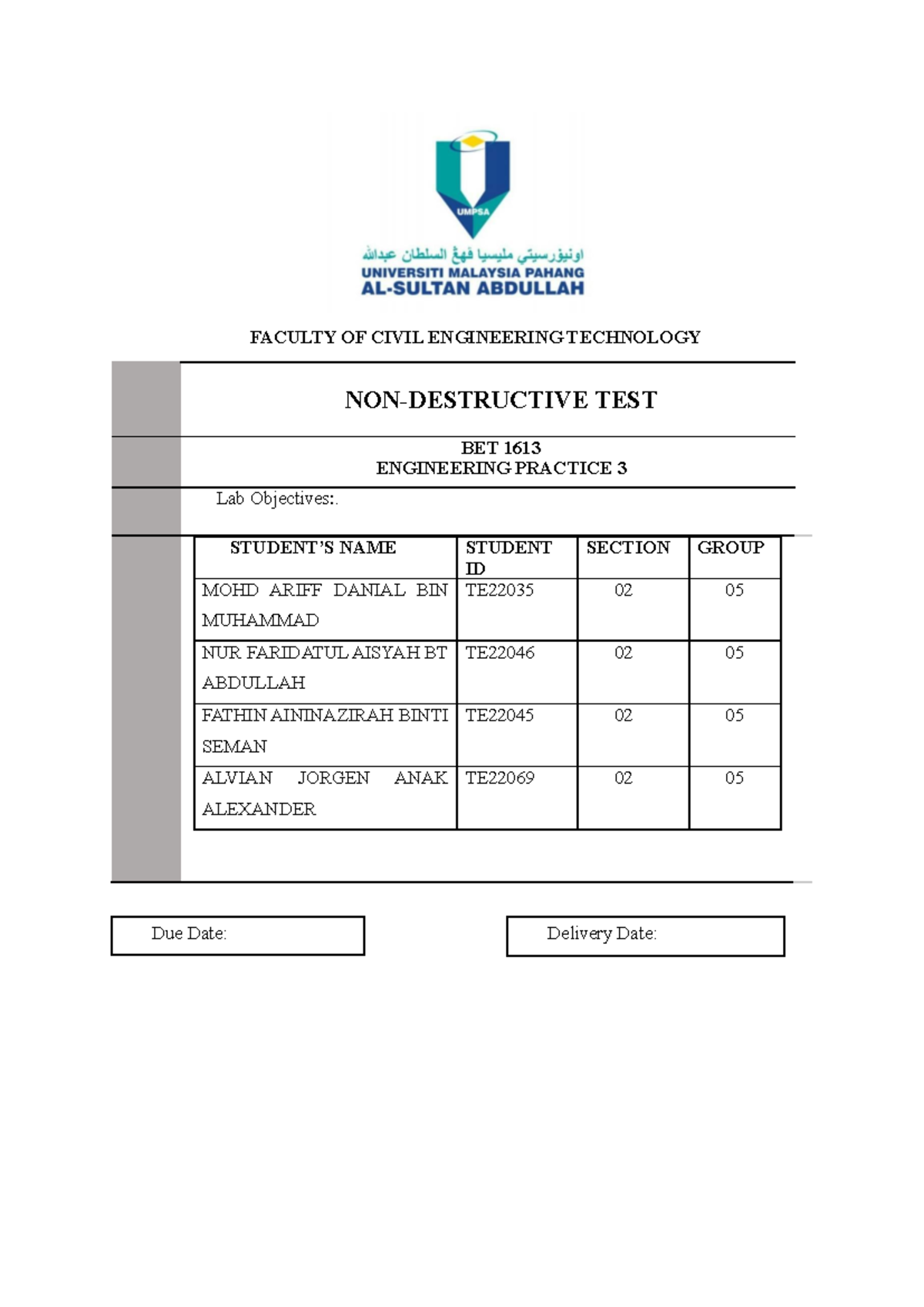 BET 1613 Engineering Practice 3: Non-Destructive Testing Lab Report ...