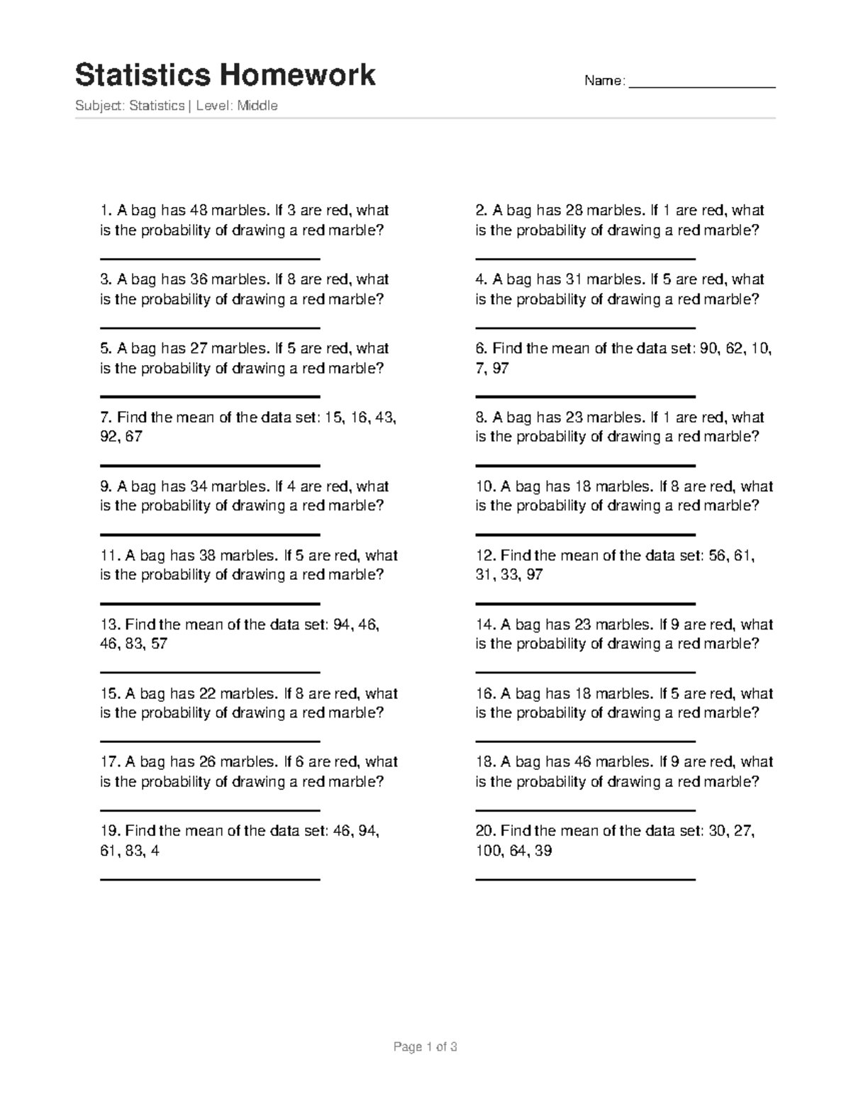 Statistics Homework - Probability & Mean Problems (Level: Middle) - Studocu