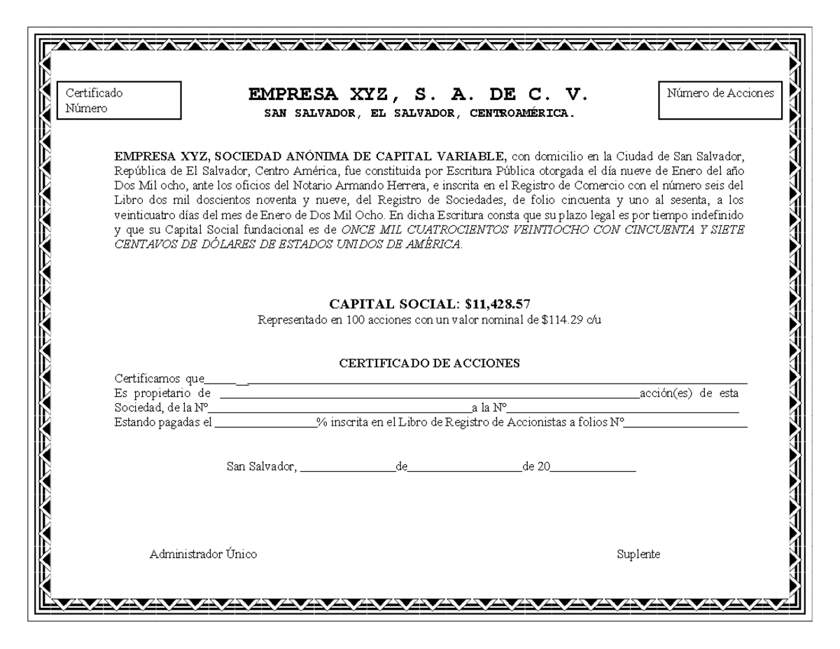 Formato de Acciones - Certificación y Detalles de la Empresa XYZ - Studocu