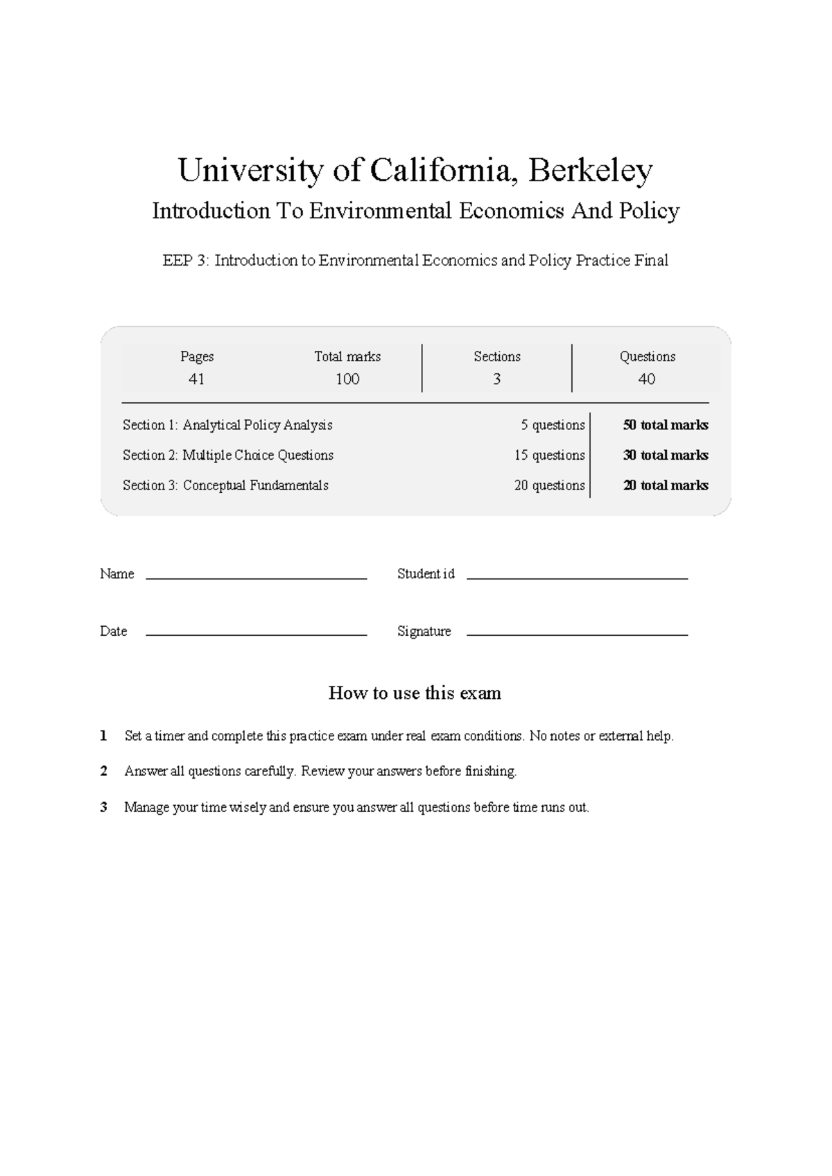 ECON C3 UCB Environmental Economics & Policy Practice Final Exam 2026 ...