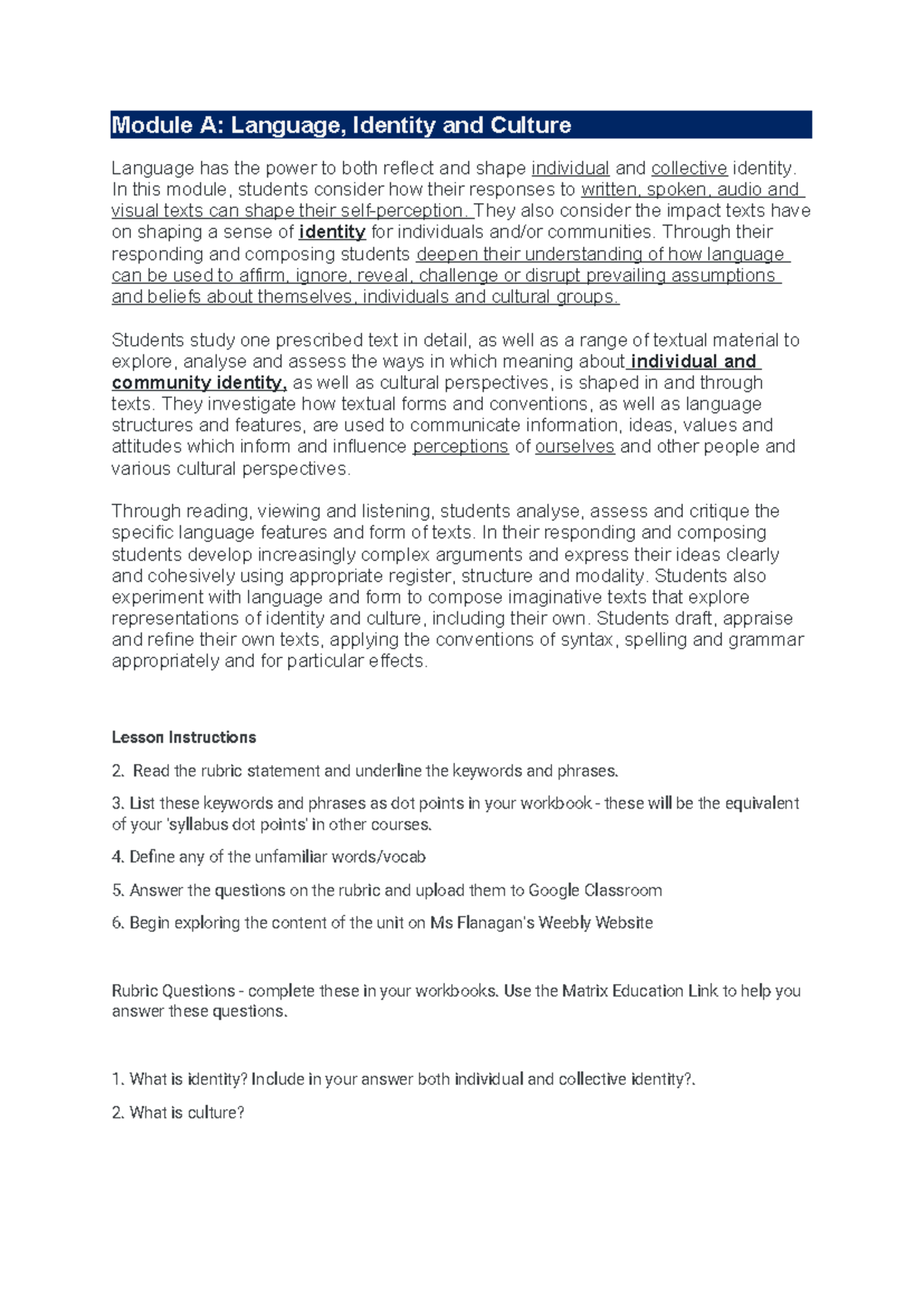 Module A: Language, Identity & Culture Overview and Activities - Studocu