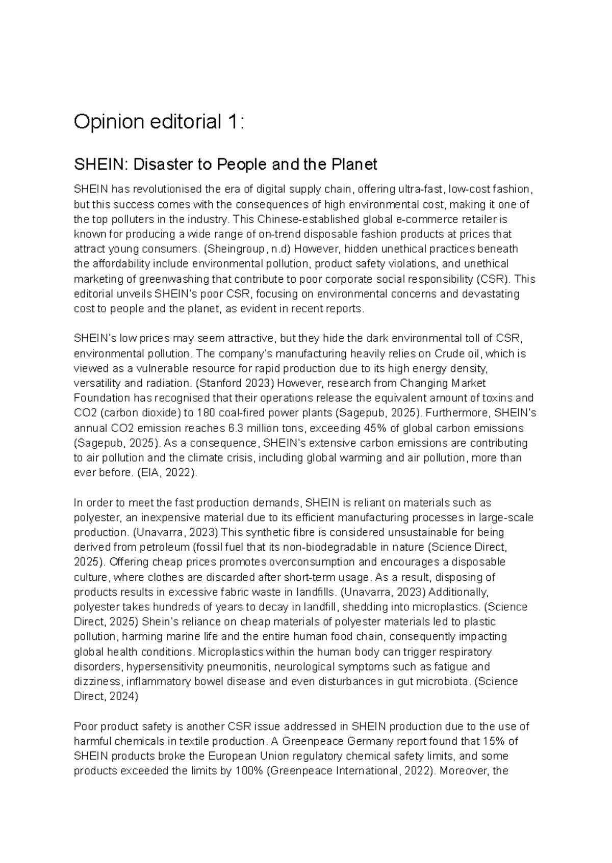 Opinion Editorial 1: SHEIN's Unethical CSR Practices and Environmental ...