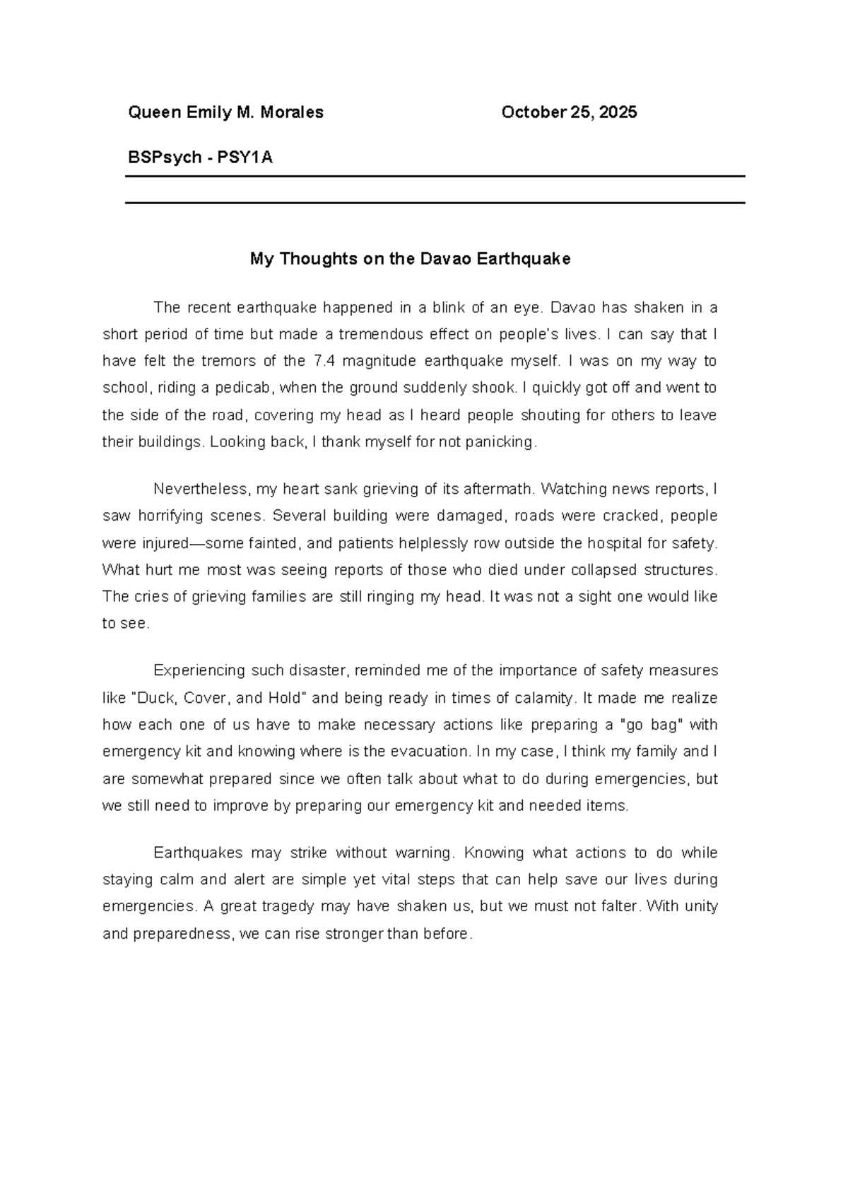 BSPsych PSY1A Essay: Reflections on the Davao Earthquake - Studocu