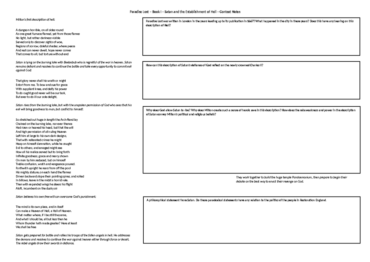 Paradise Lost (Book I): Context Notes on Satan and Hell - Studocu