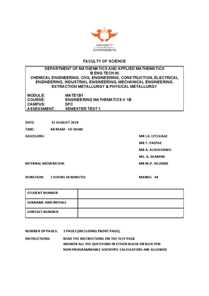 UJ - Engineering Mathematics 1B - Studocu