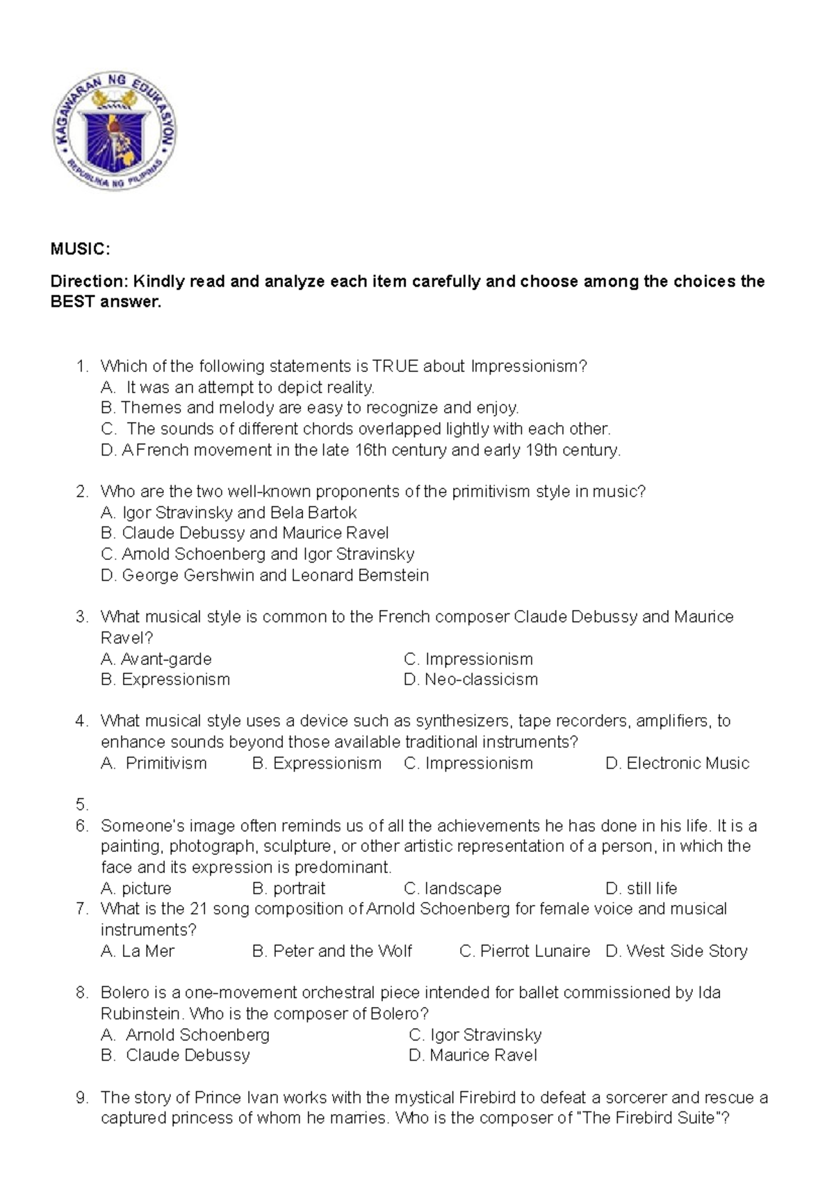 MAPEH 10 First Quarter Review and Analysis with TOS - Studocu