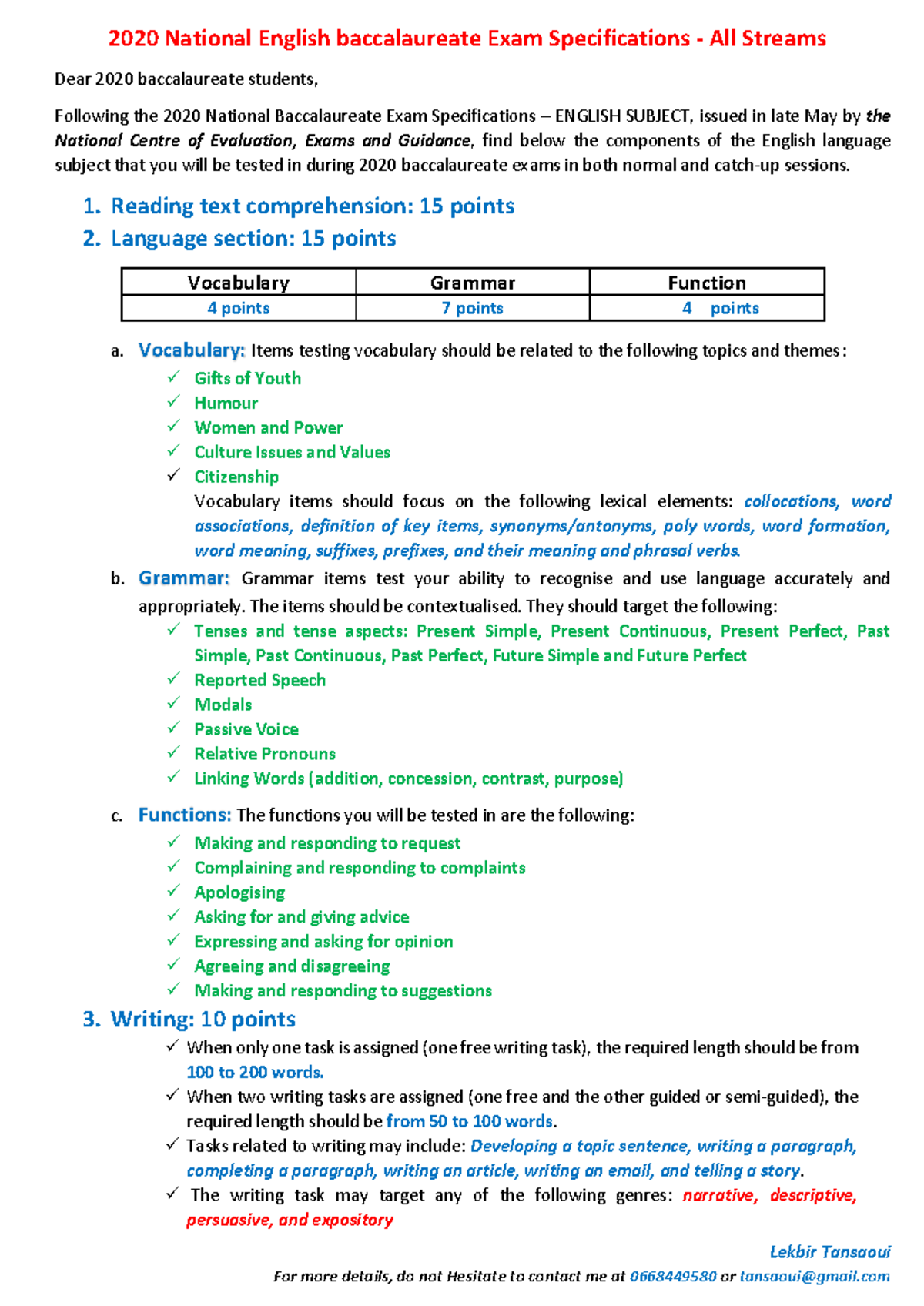 2020 National English baccalaureate Exam Specifications - 1. Reading ...