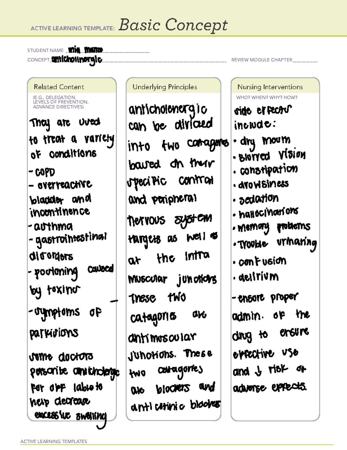 Anticholinergic Concepts Review - Coursework Template - Studocu