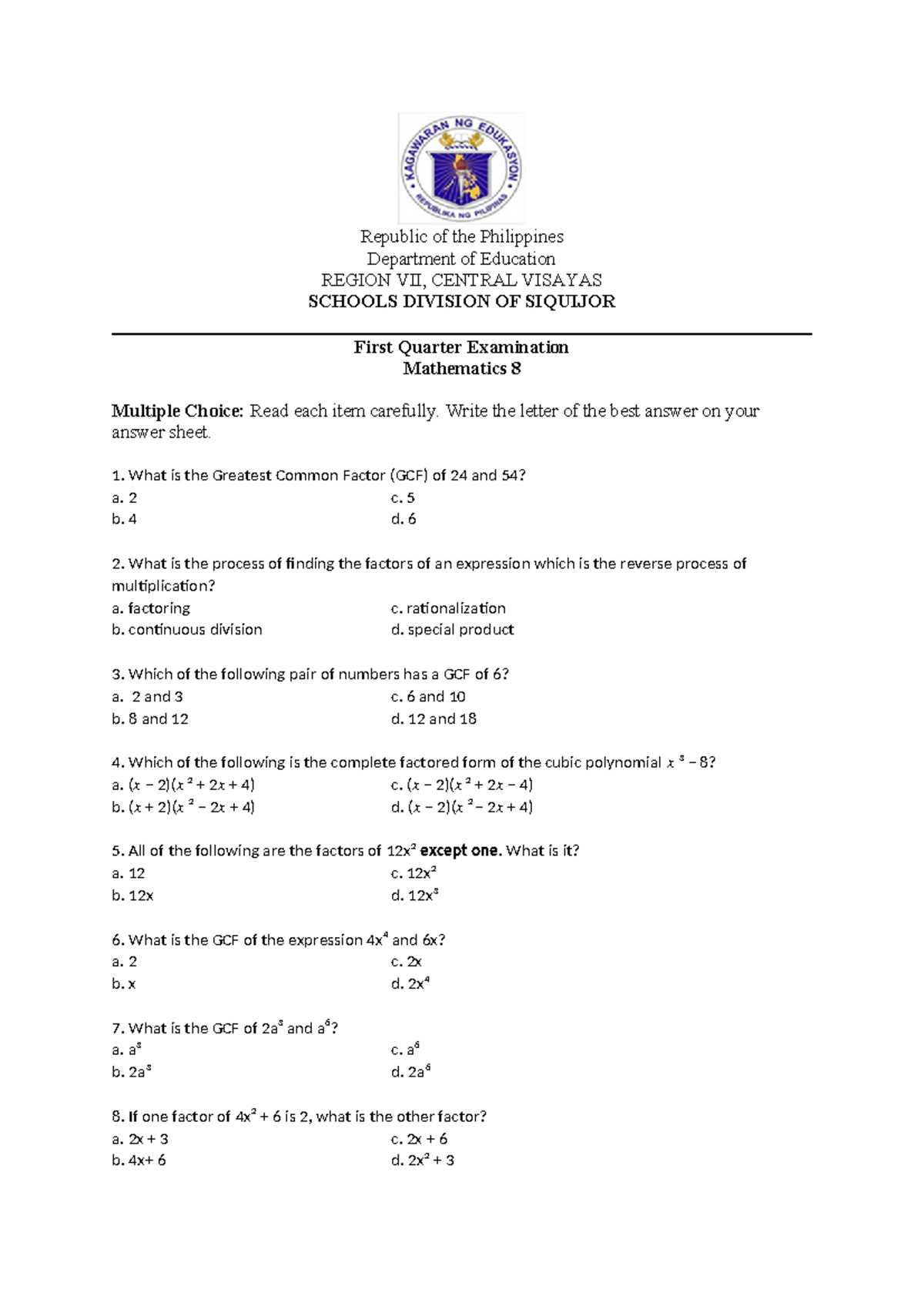 Mathematics 8 Quarter 1 - Republic of the Philippines Department of ...