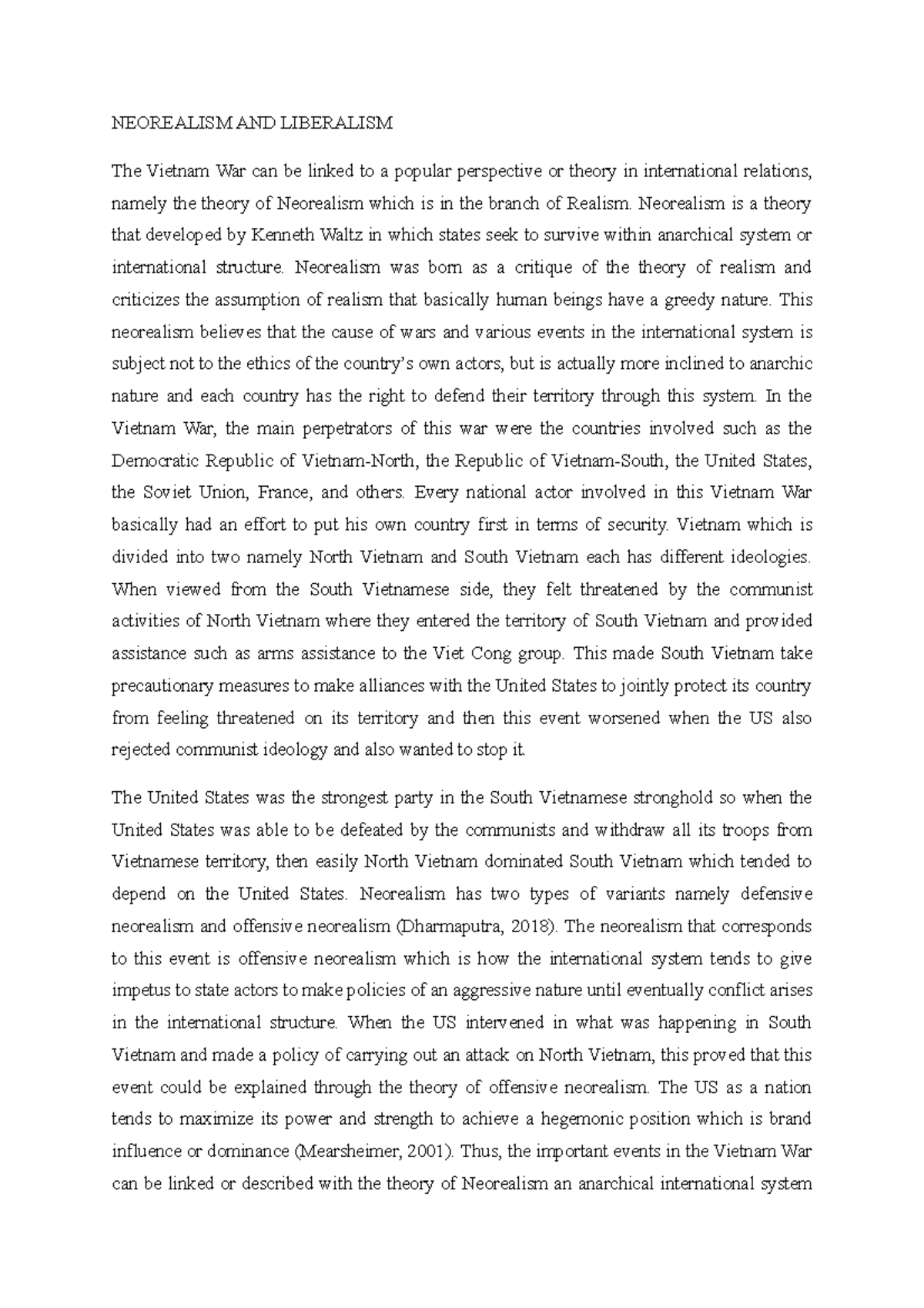 Neorealism and Liberalism in the Vietnam War Analysis (POL 202) - Studocu