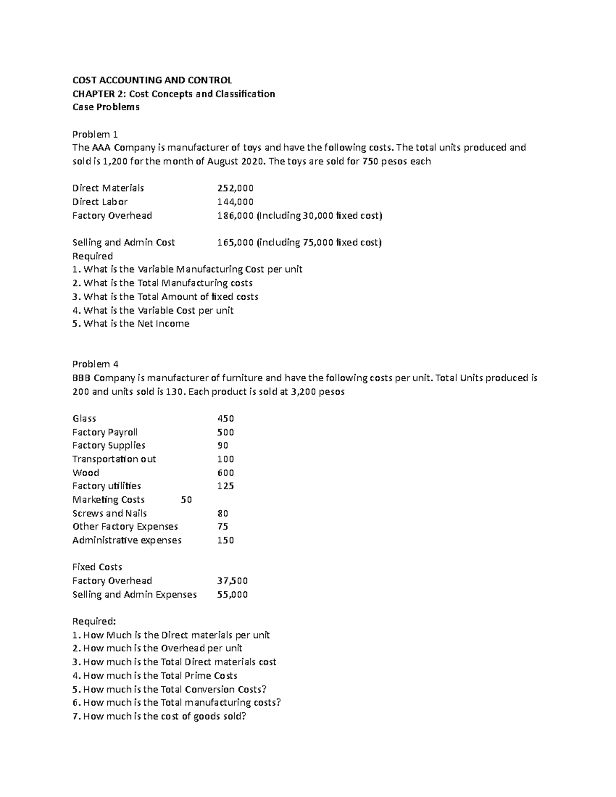 Cost Concepts & Classification - Case Problems Analysis (ACC 101) - Studocu