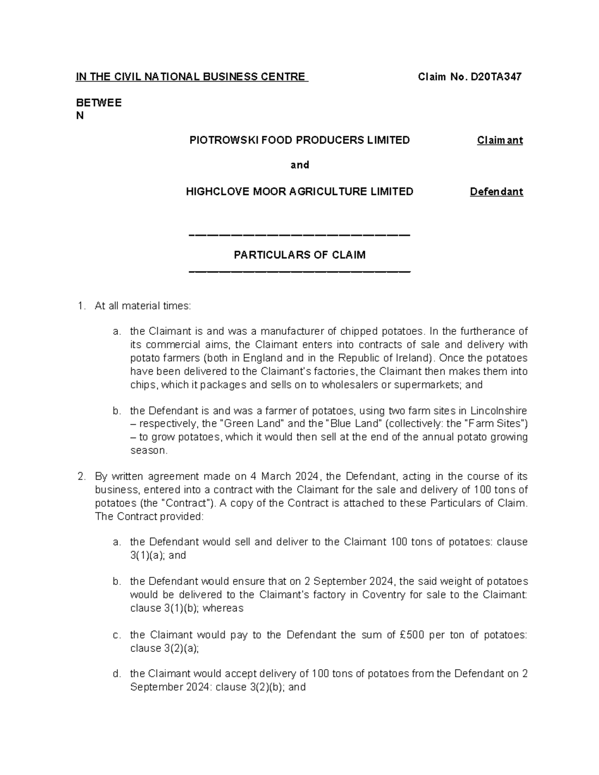 BTC1 WS5 Piotrowski vs Highclove Moor: Particulars of Claim - Studocu