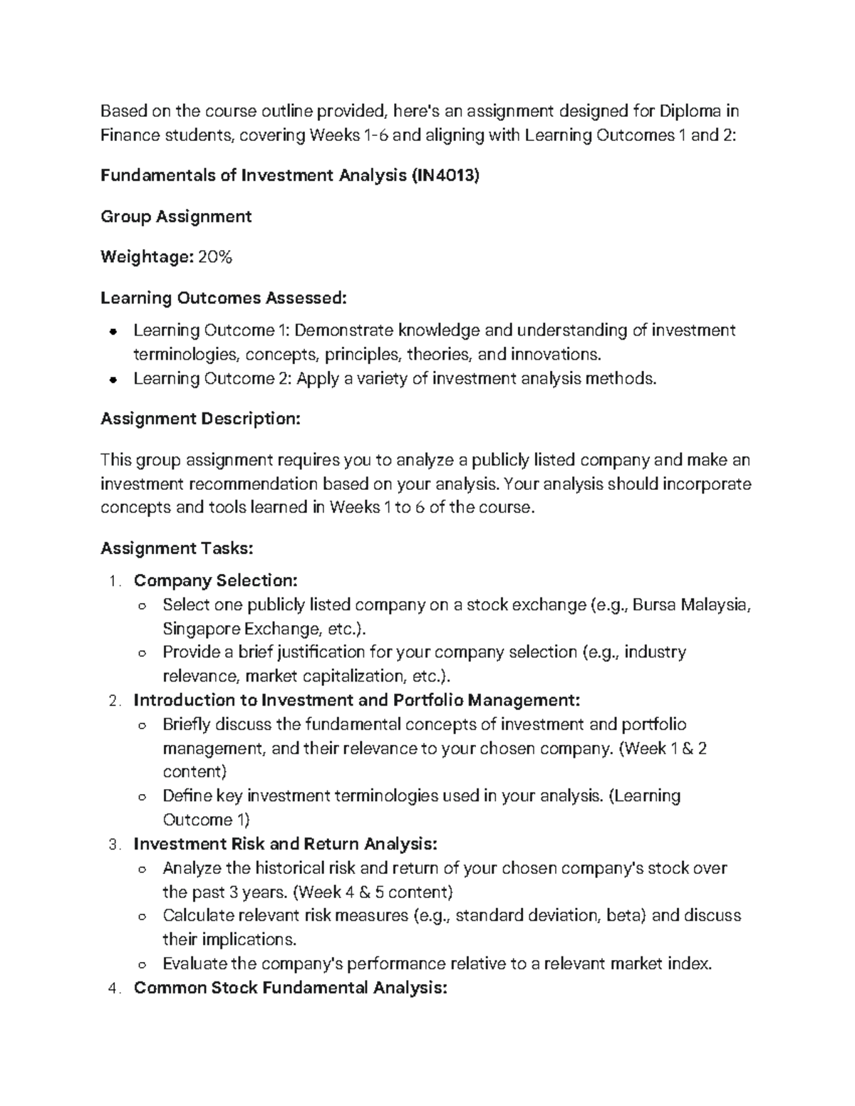 IN4013 Group Assignment: Investment Analysis Fundamentals - Studocu