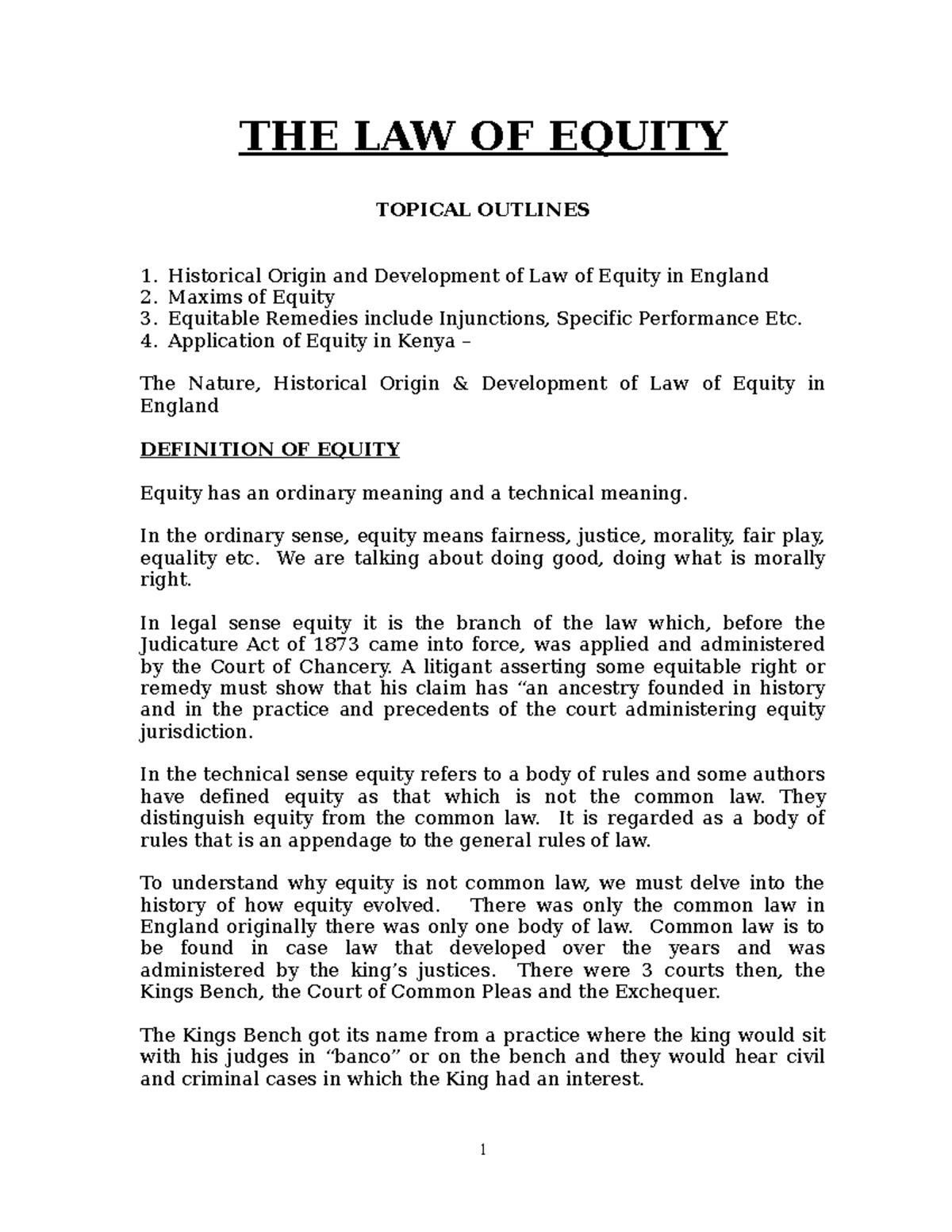 Law of Equity Notes (Course Code: LAW 101) - Studocu