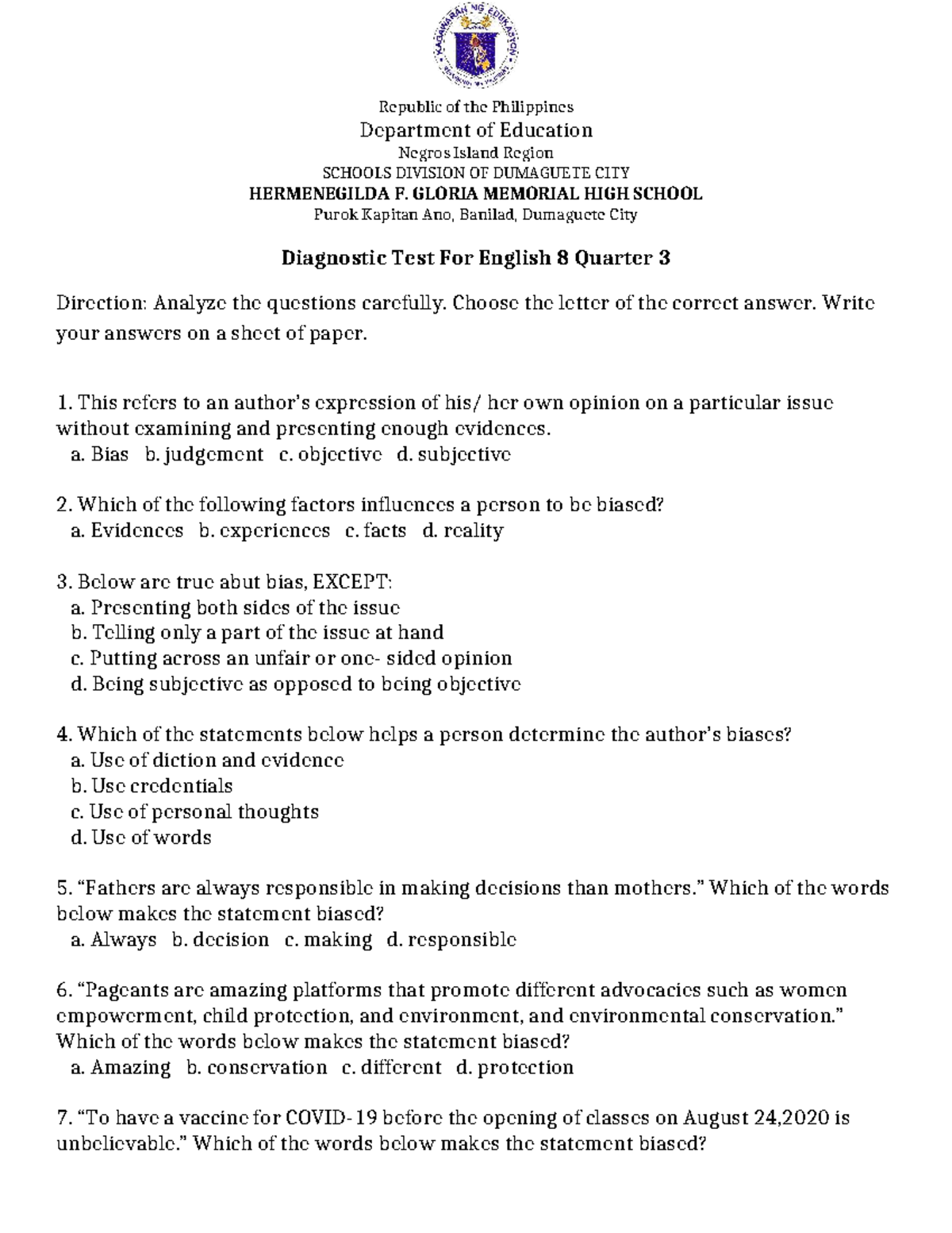 Diagnostic Test for English 8 - Quarter 3 - Studocu