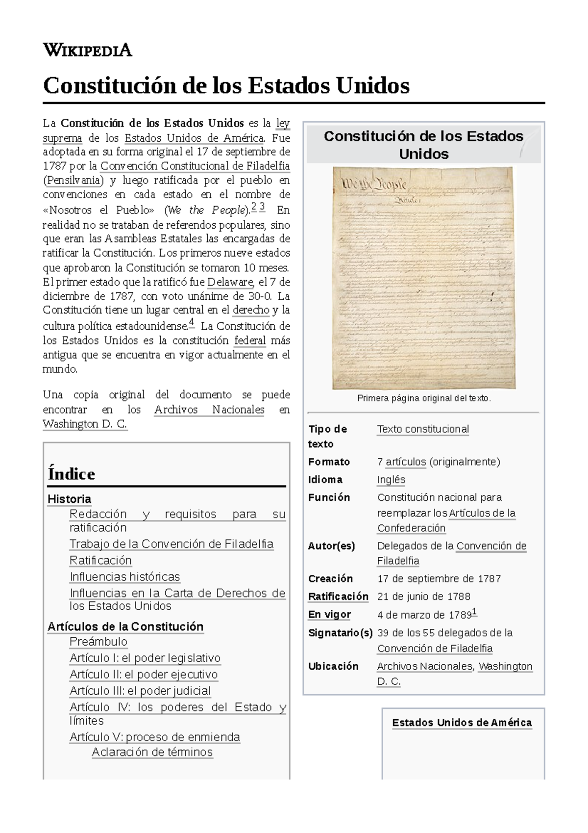 Constitución de los EE. UU.: Historia y Artículos Principales - Studocu
