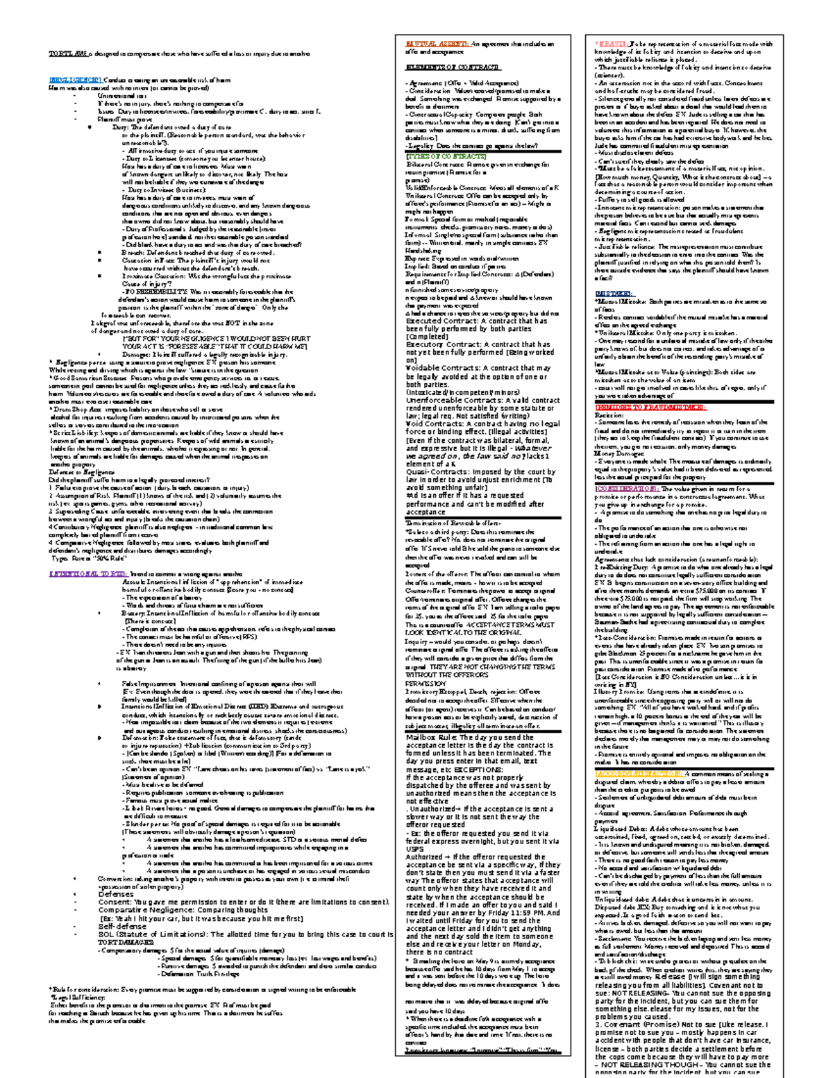 LAW 1101 Final Exam Cheat Sheet: Key Concepts in Tort Law - Studocu