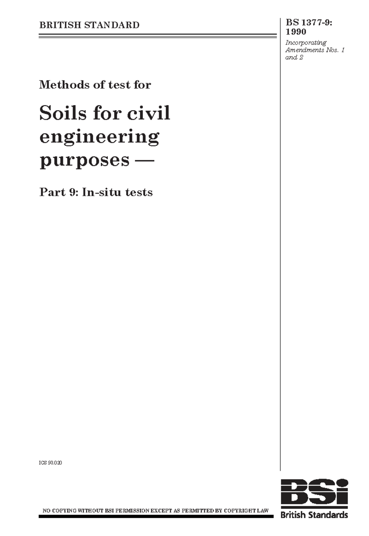 BS 1377-9-1990: Methods of Test for Soils in Civil Engineering - Studocu
