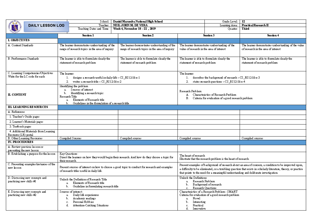 Practical Research II Daily Lesson Log - Week 4 - Studocu