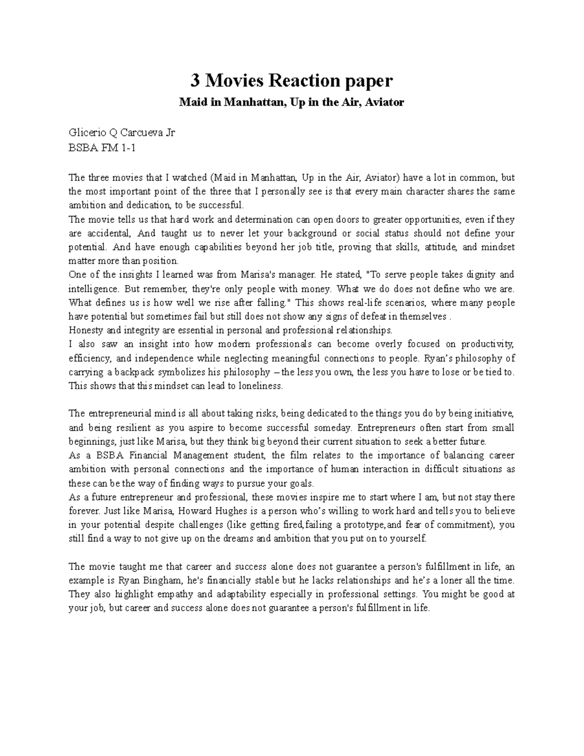 3 Movies Reaction Paper: Insights from Maid in Manhattan, Up in the Air ...