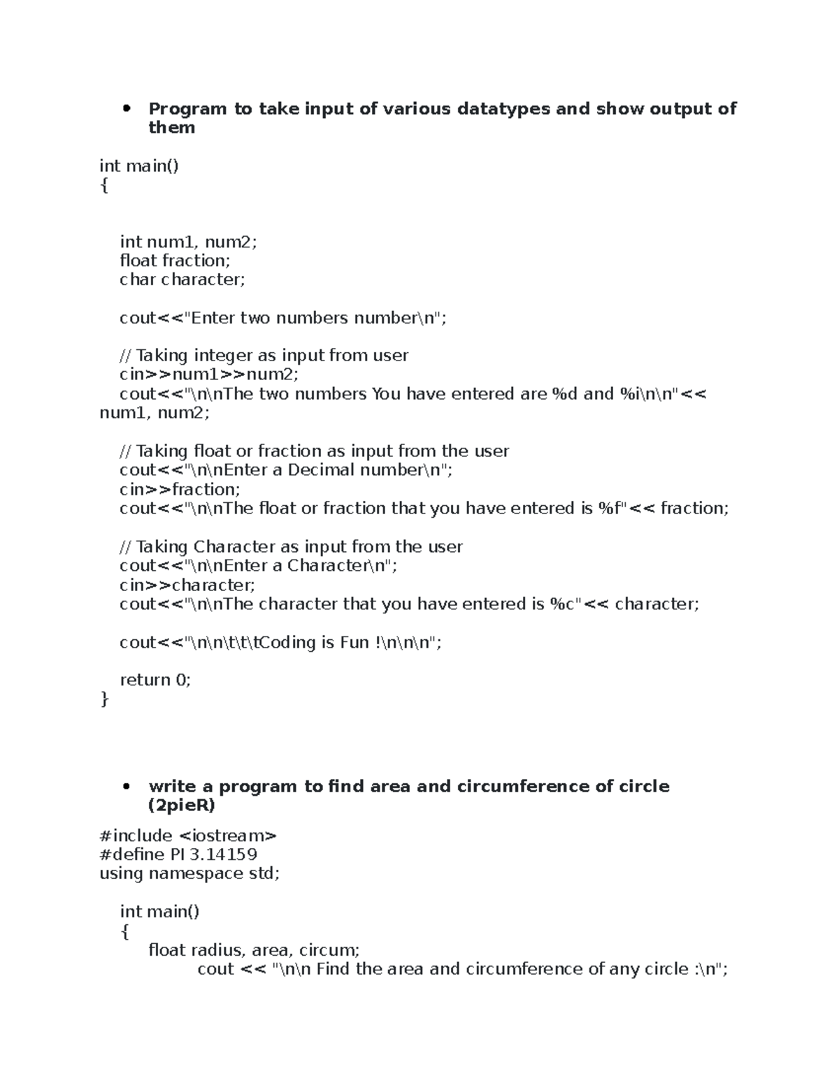 All practice programs of pf - Program to take input of various ...