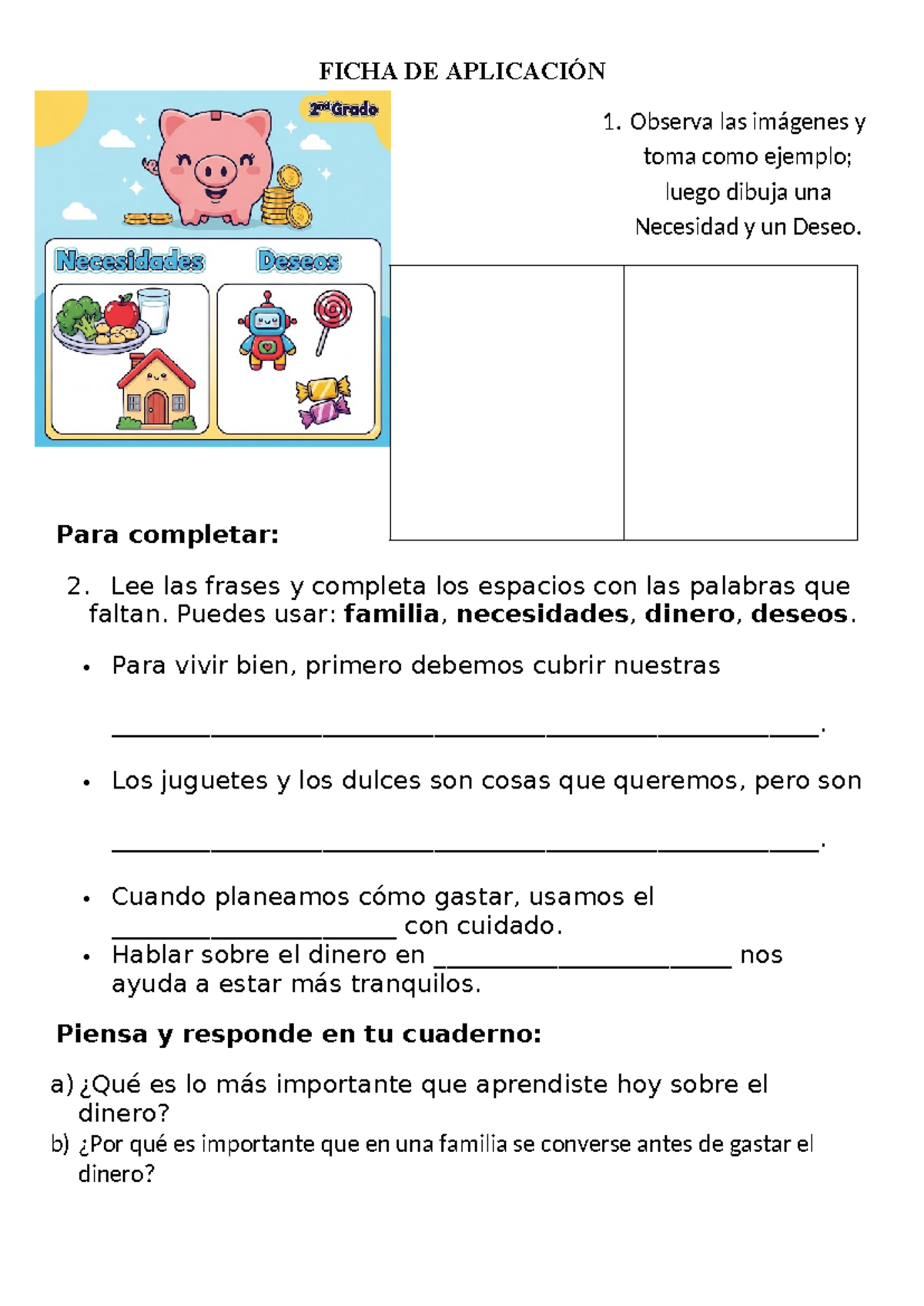 FICHA DE APLICACIÓN 1: Necesidades y Deseos en la Familia - Studocu