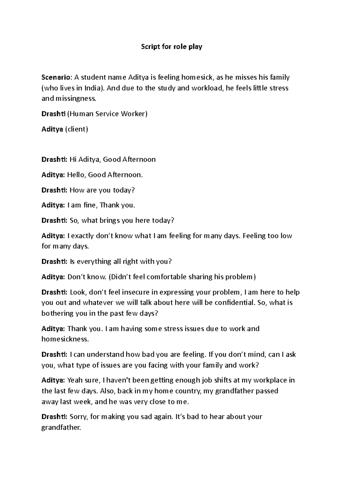 COM100 Role Play Script: Aditya's Journey Through Homesickness - Studocu
