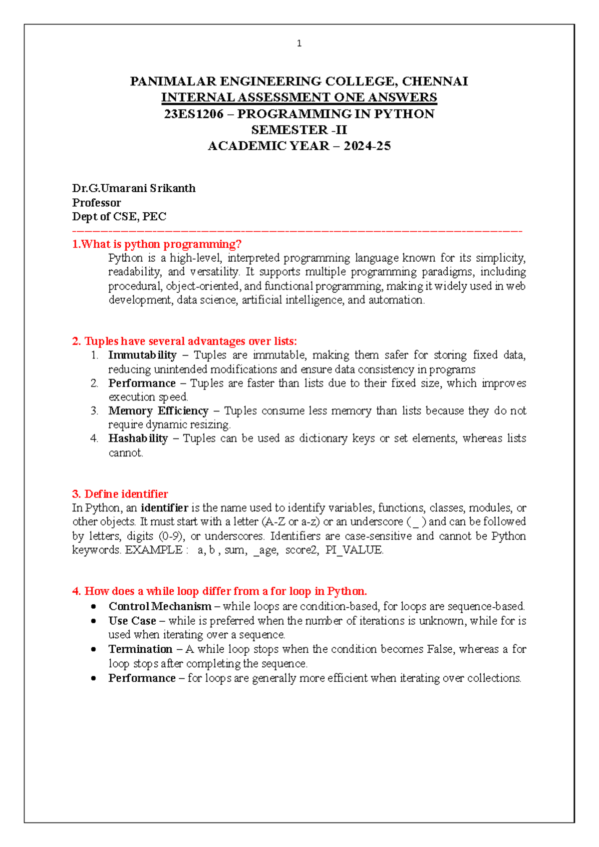 Python 23ES1206 Internal Assessment One Question Bank Answers - Studocu