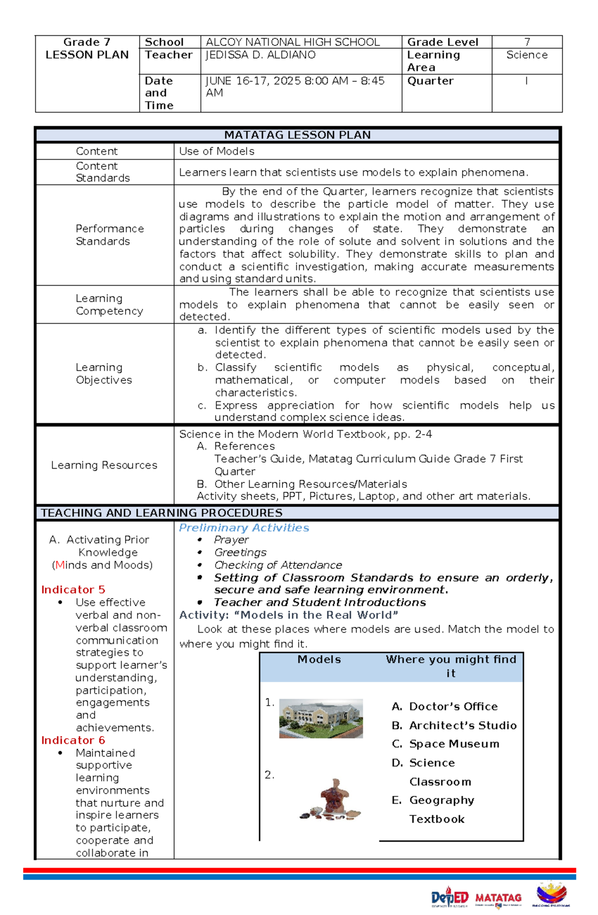 Grade 7 Science DLP: Lesson Plan on Scientific Models (Q1) - Studocu