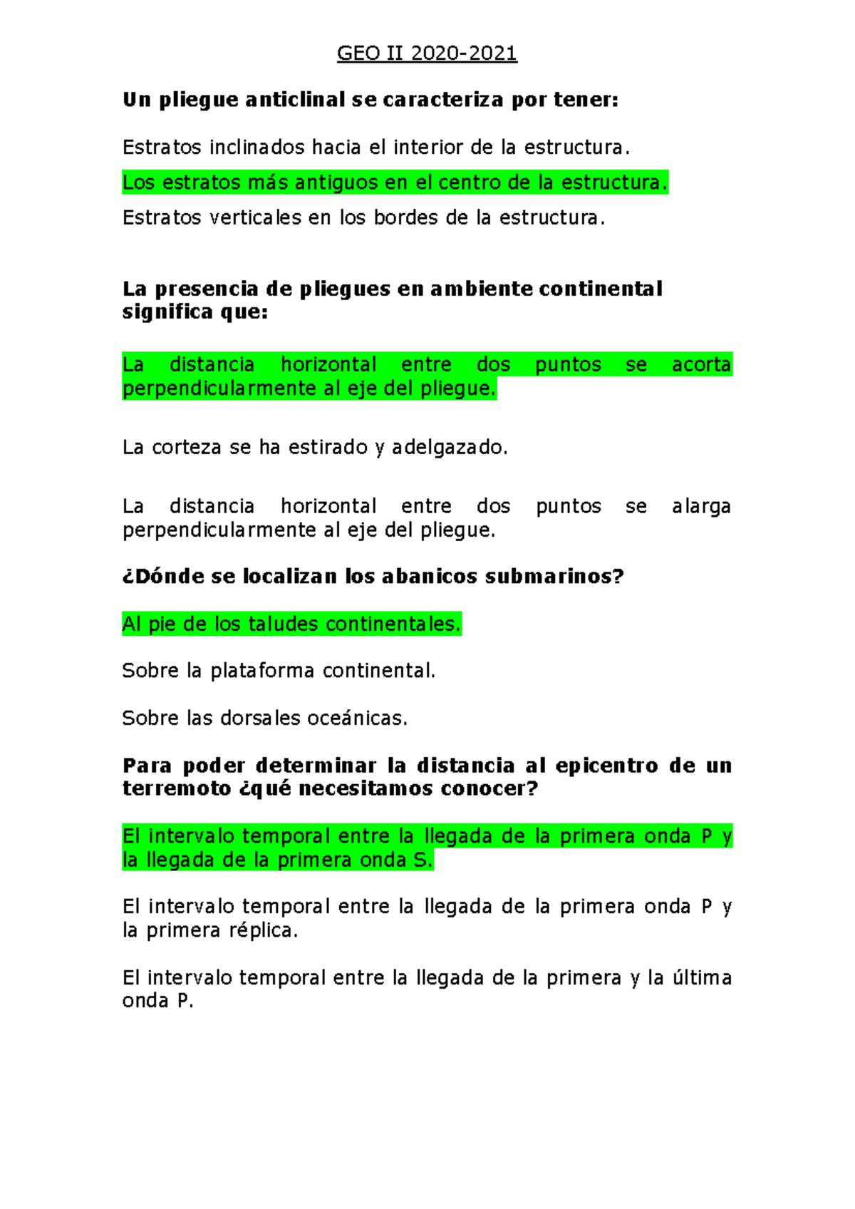 Todos Examenes tipo test resueltos 2010-2021 - GEO II 2020- Un pliegue ...