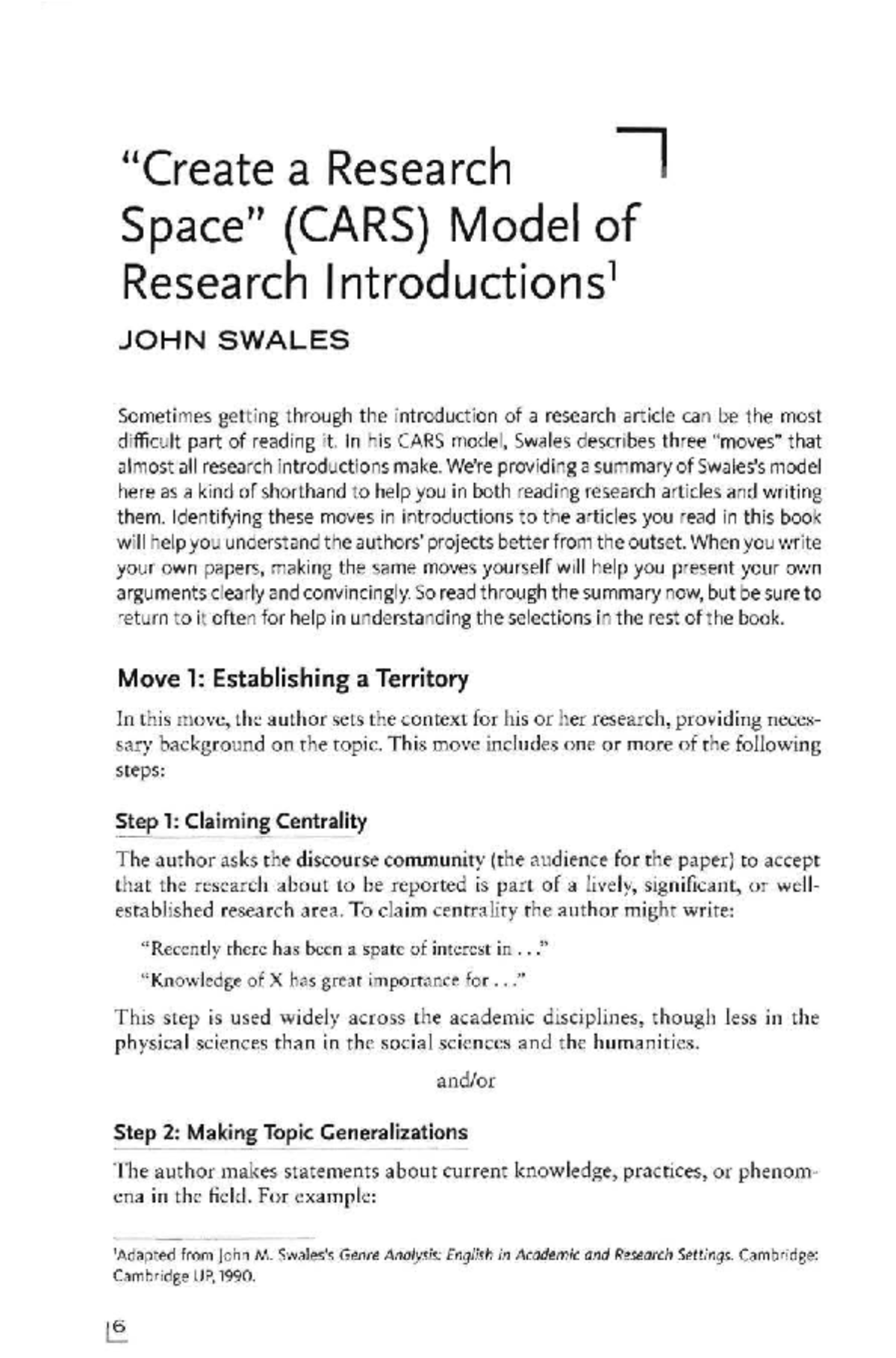 CARS Model of Research Introductions: A Guide by John Swales - Studocu