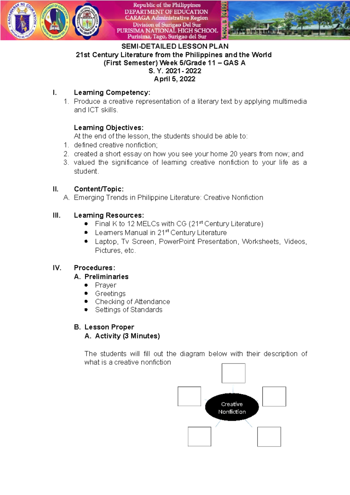 G11-GAS A 1st Sem Week 5 Lesson Plan: Creative Nonfiction in Lit - Studocu