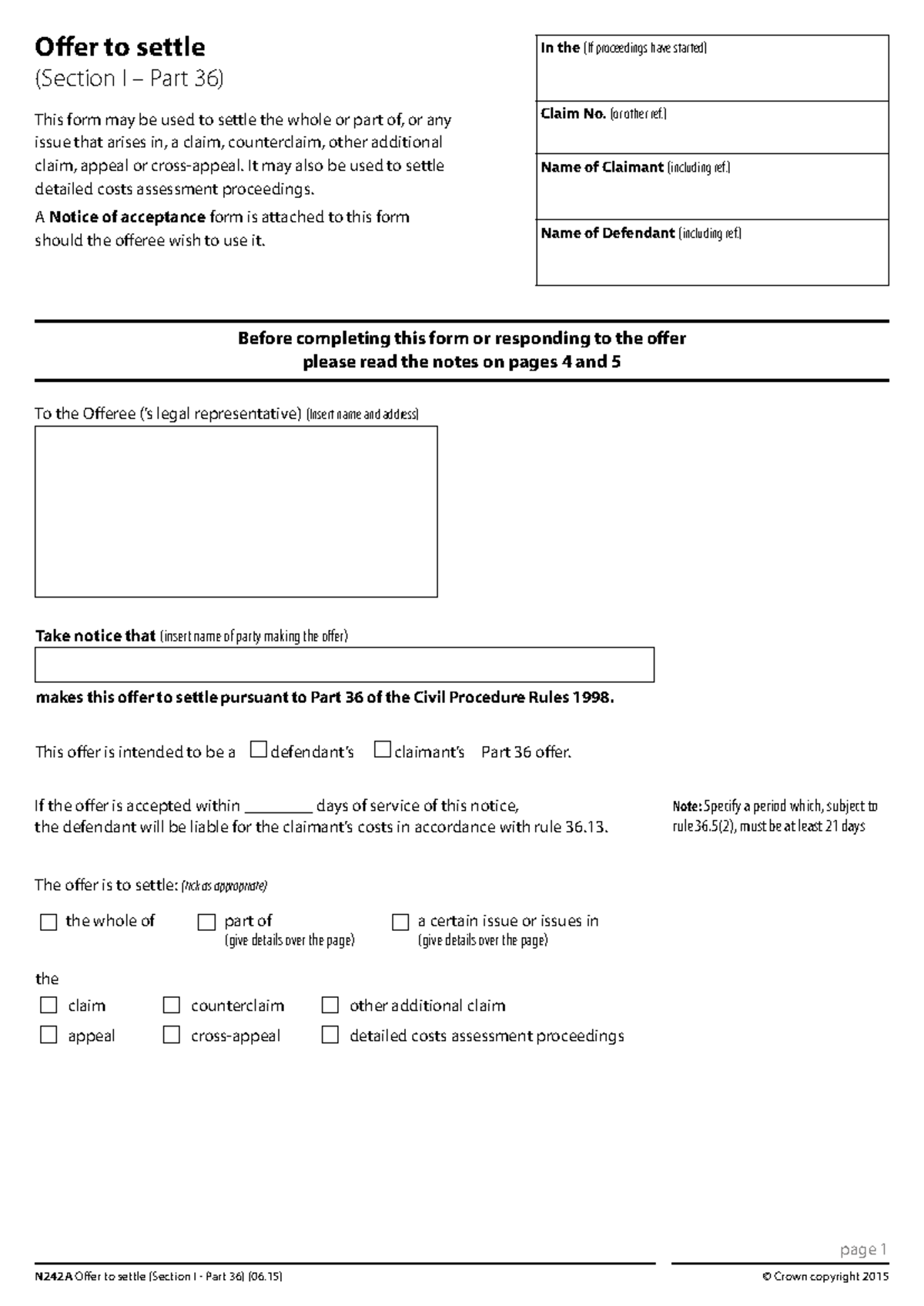 N242A Part 36 Offer to Settle - Detailed Instructions and Notes - Studocu