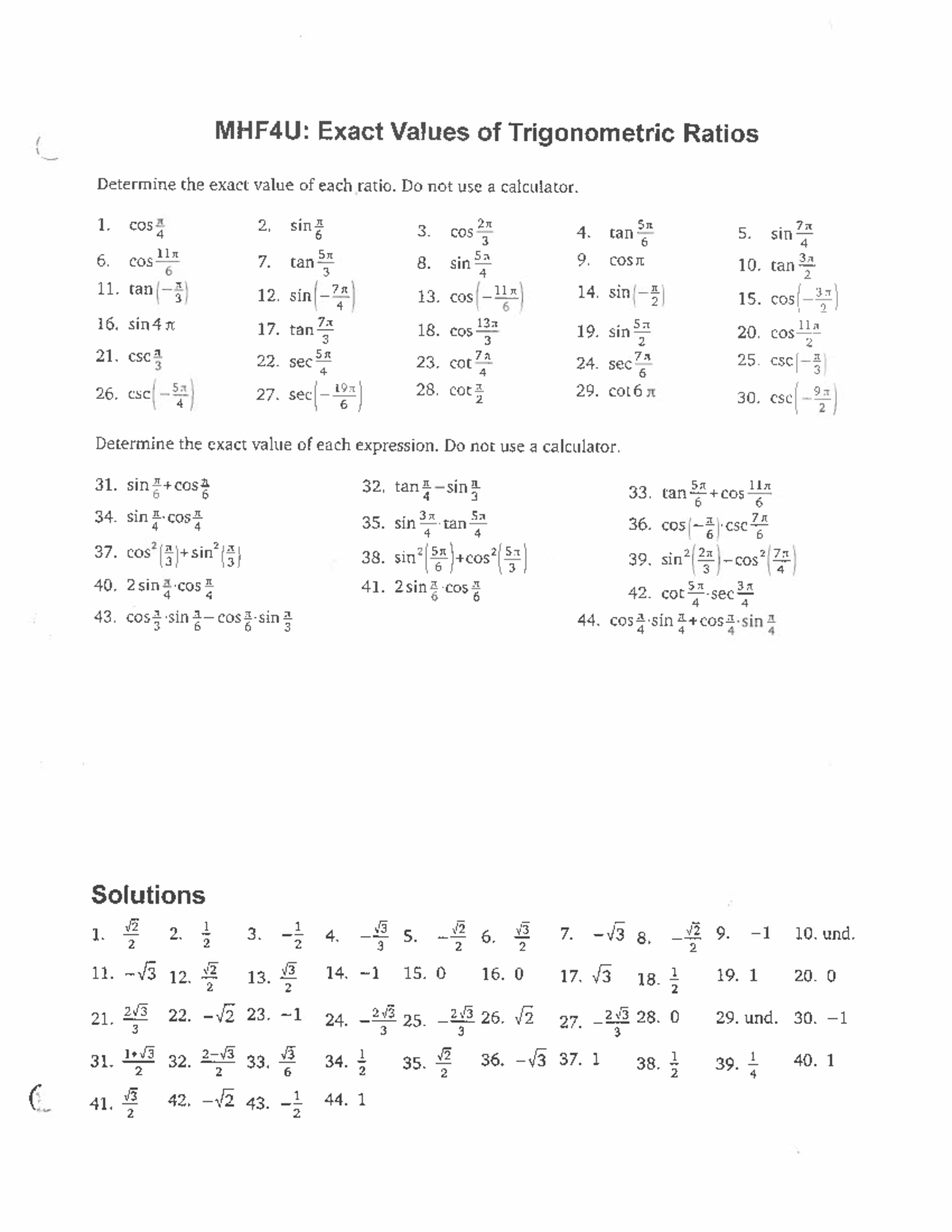 MHF4U: Exact Values of Trigonometric Ratios Worksheet - Studocu