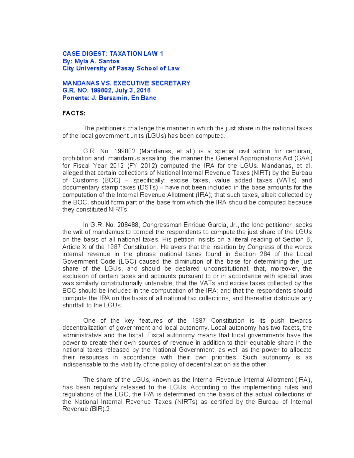 CASE DIGEST: TAXATION LAW 1 - Mandanas vs. Executive Secretary G.R. No ...
