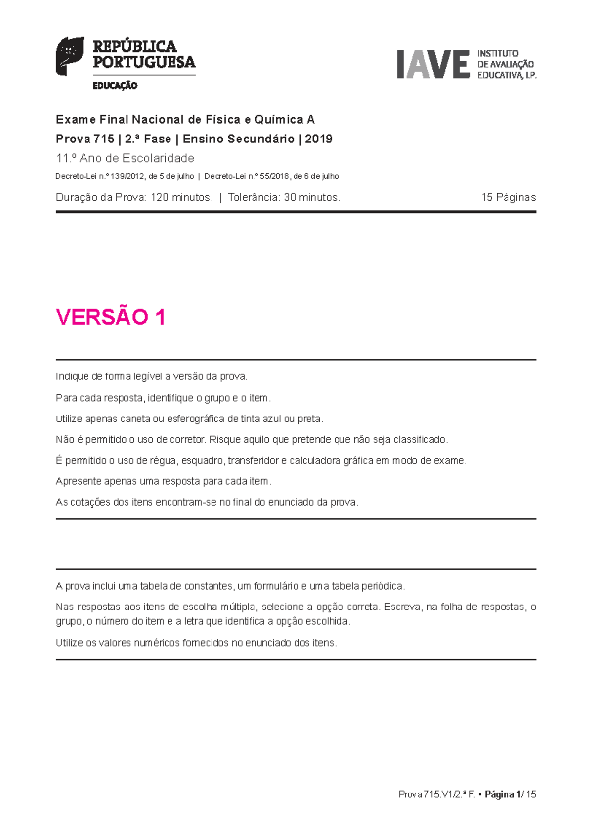 Exame Final Nacional de Física e Química A - Prova 715, 2.ª Fase 2019 ...