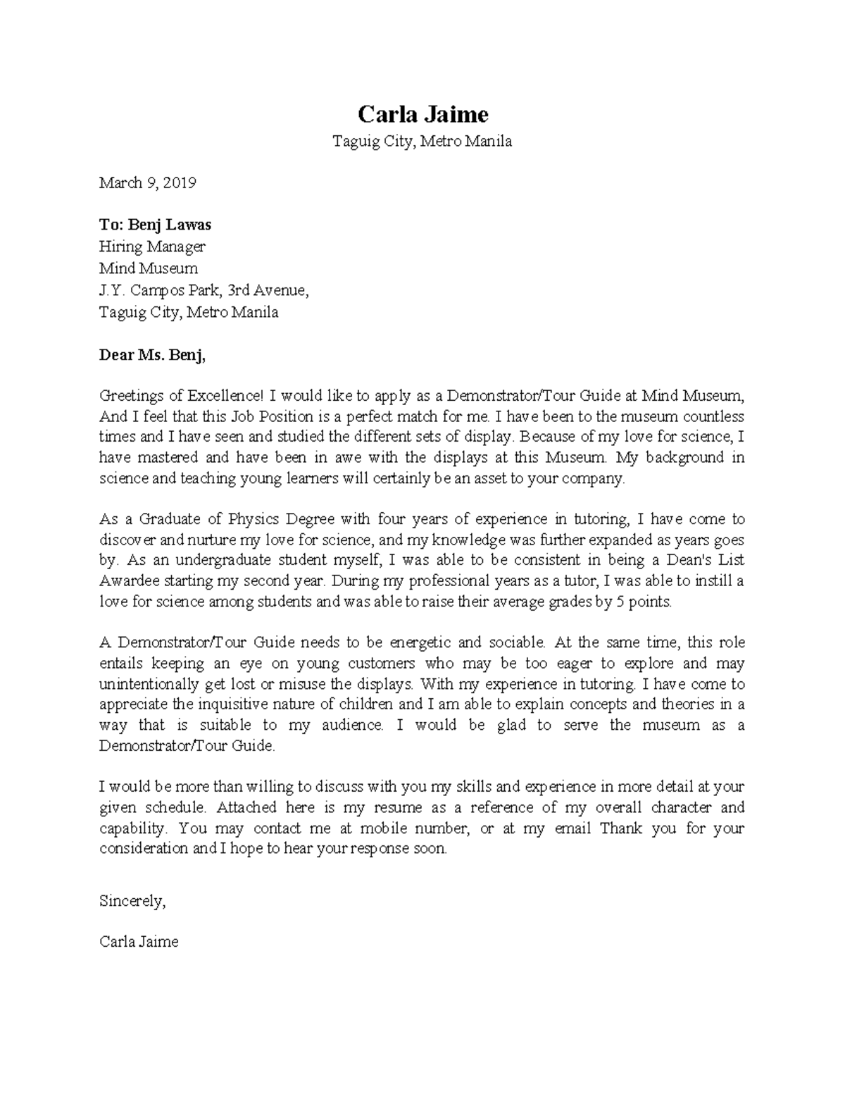 Adv Comm Cover Letter for Demonstrator/Tour Guide Position - Studocu
