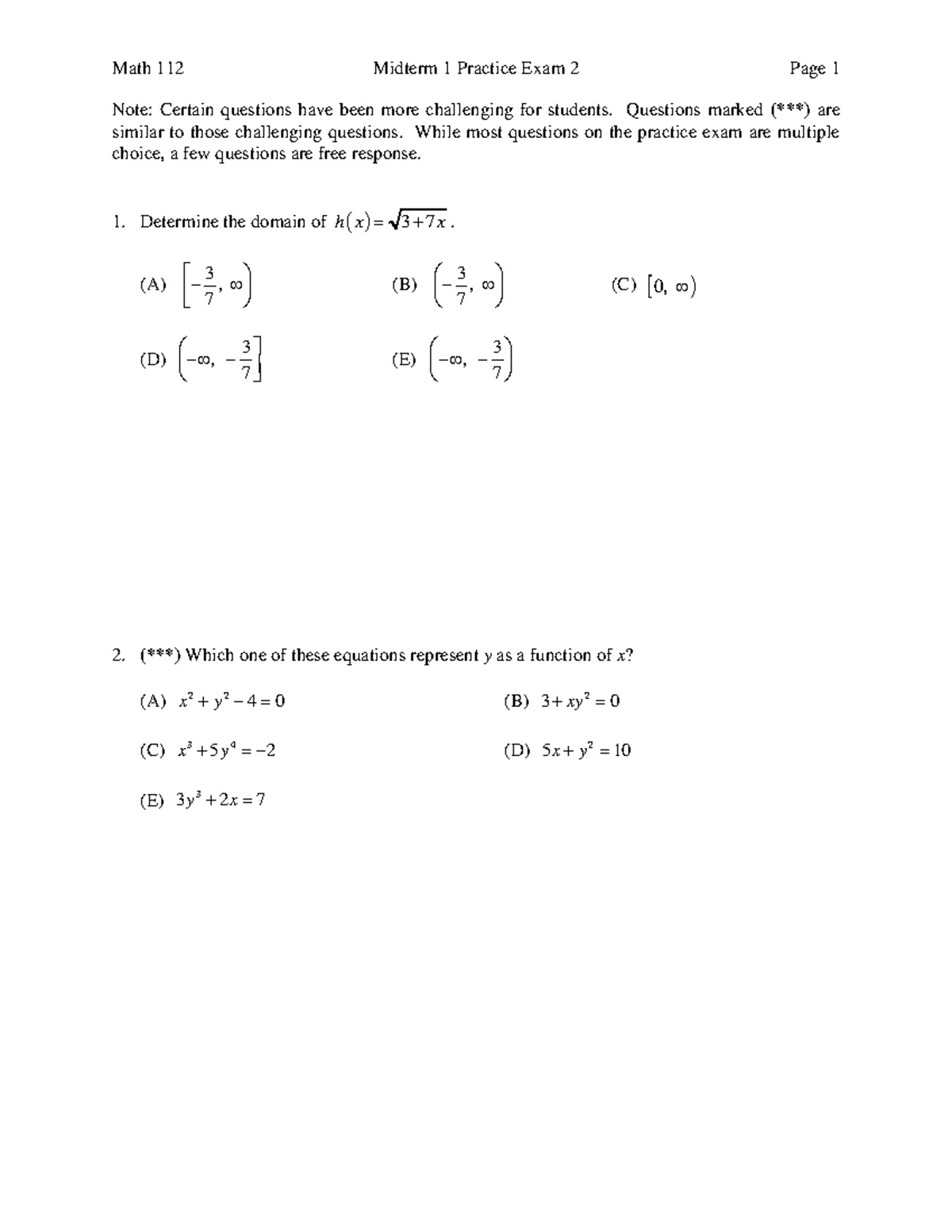 FA25 Math 112 Midterm 1 Practice Exam 2 Review Questions - Studocu